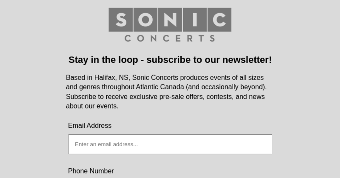 Sonic Concerts landing page for sharing